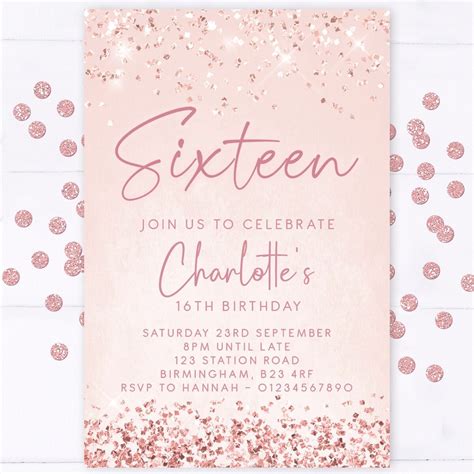 Pink Sweet 16 Invitations Sweet 16 Rose Gold Faux Glitter Birthday