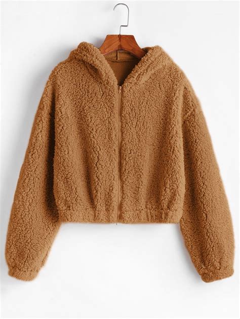 Zaful Hooded Zip Up Fluffy Teddy Jacket Caramel Light Gray Light Khaki