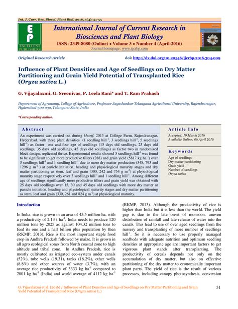 Pdf Influence Of Plant Densities And Age Of Seedlings On Dry Matter Partitioning And Grain