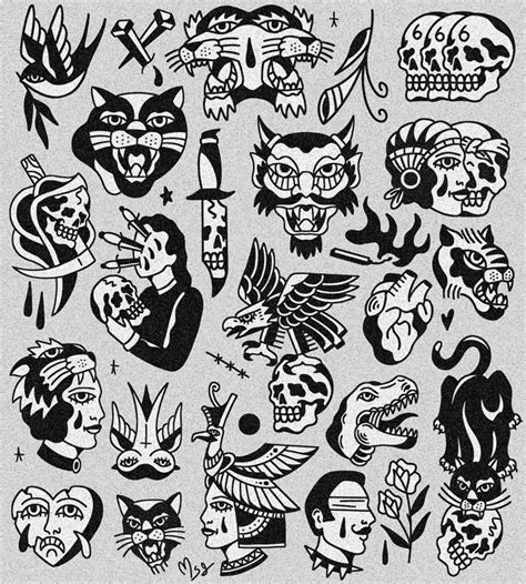An Old School Tattoo Design With Skulls And Cats