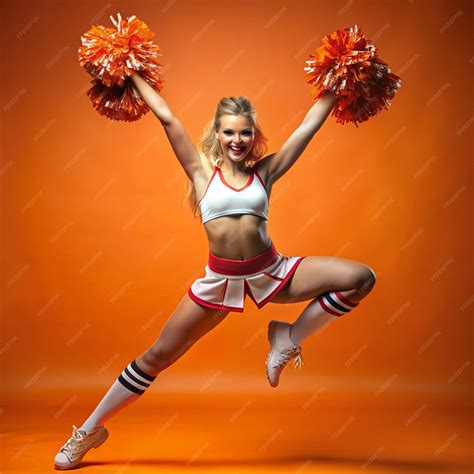 Beautiful Cheerleader On Orange Background Cheerleader Holding Pompoms