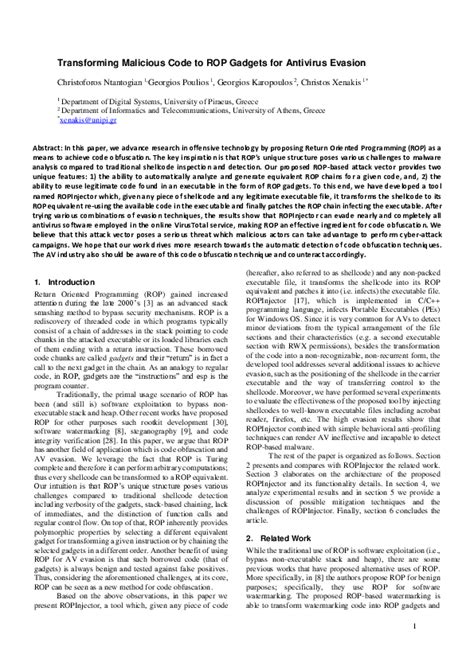 Pdf Transforming Malicious Code To Rop Gadgets For Antivirus Evasion