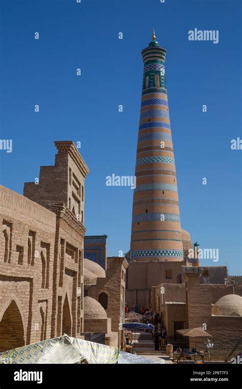 Shopping Street Islam Khoja Minaret Background Ichon Qala Khiva