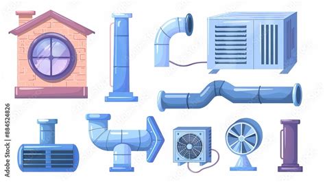 Set Of Vector Illustrations Depicting Various Air Duct Systems