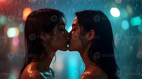 Two Women Kissing In The Rain With Lights In The Background 65715752