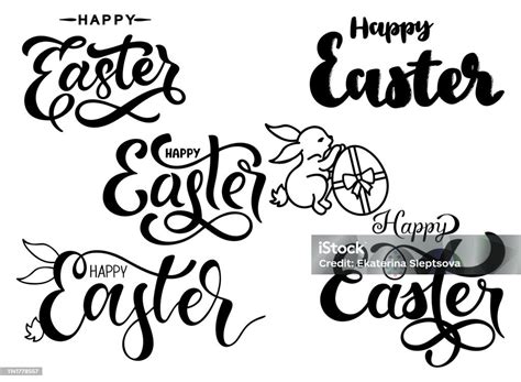 토끼와 계란 타이포 그래피 레터링 포스터와 함께 행복 한 부활절 비문 손 스케치 세트 현대 서 예 흰색 배경에 고립 된 검은 표지판 벡터 일러스트입니다 개념에 대한 스톡