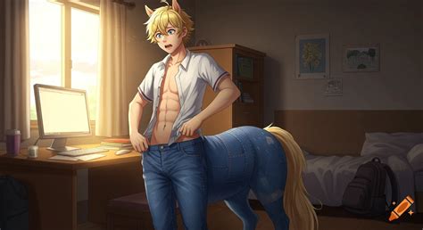 A Muscular Blond Male Centaur Struggles With Harnesses At A Vibrant