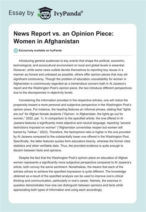 News Report Vs An Opinion Piece Women In Afghanistan 331 Words Essay Example
