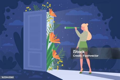 알 수 없는 미래와 성공의 비전 망원경을 통해 바라보는 여자 문에 대한 스톡 벡터 아트 및 기타 이미지 문 열기 열다 Istock