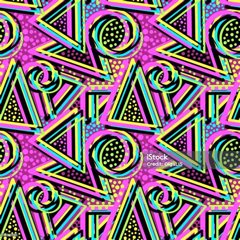 추상적인 기하학적 인 삼각형 원활한 Backgroundretro 스타일 네온 색상입니다 90세 이상에 대한 스톡 벡터 아트 및 기타 이미지 90세 이상 형광색의 80