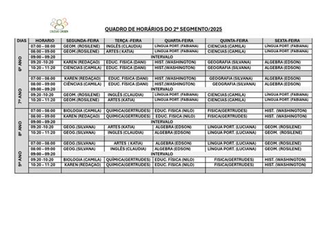 Horários 2º Segmento 2025 Chosen Pdf