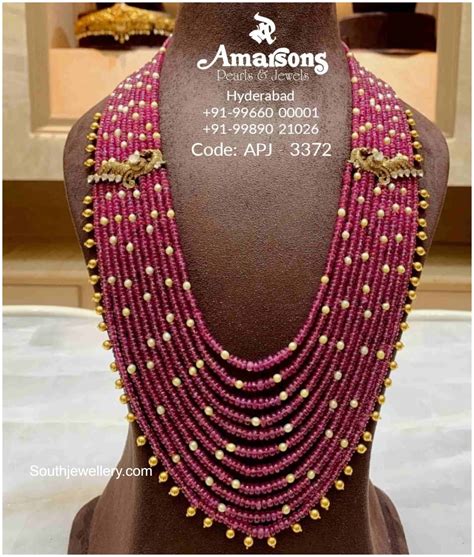 Multi Strand Ruby Beads Mala With Peacock Motifs Indian Jewellery Designs