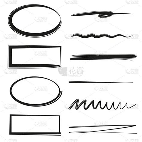 用于突出显示文本的矢量格格画笔、下划线和圆形标记集 花瓣网