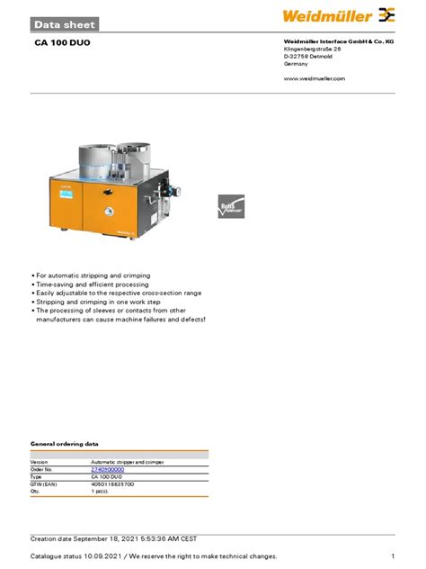 Data Sheet Ca 100 Duo Pdf Manufactured Goods