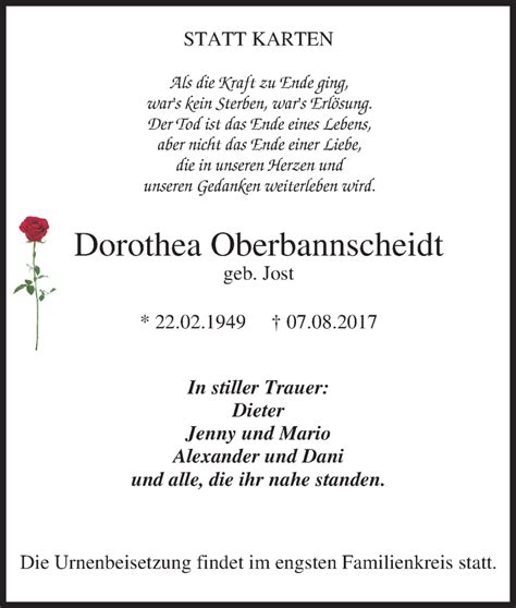 Traueranzeigen Von Dorothea Oberbannscheidt Trauer In NRW De