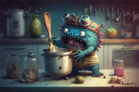 Premium Ai Image Cute Monster Chef Preparing Delicious Meal In Kitchen