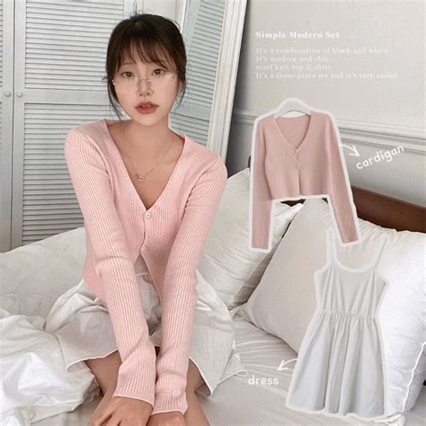 💗세트단독구매가능💗 여름 나시 뷔스티에 미니 원피스 골지 브이넥 파스텔 핑크 크롭가디건 에이블리