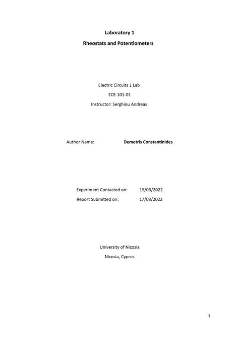 Lab 2 Lab Report Laboratory 1 Rheostats And Potentiometers Electric
