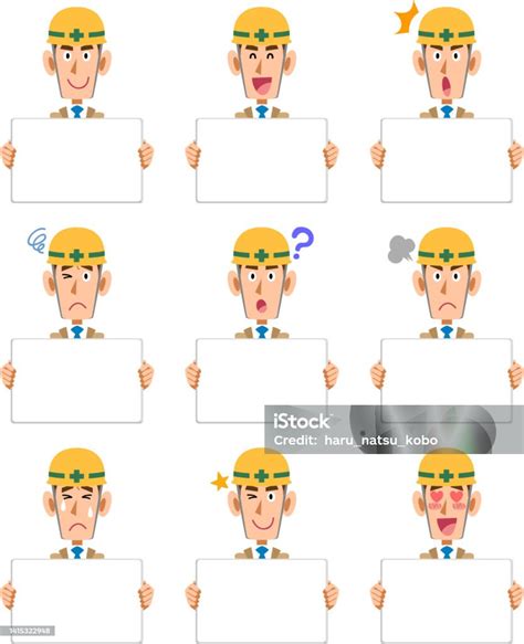 베이지 색 작업복을 입은 남자의 아홉 가지 얼굴 표정과 화이트 보드를 들고있는 헬멧 감정에 대한 스톡 벡터 아트 및 기타 이미지 감정 개체 그룹 건설 산업 Istock