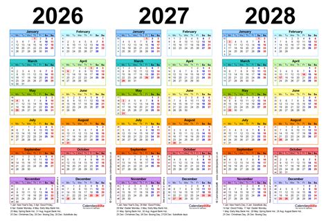 Printable 3 Year Calendar 2026 2027 2028