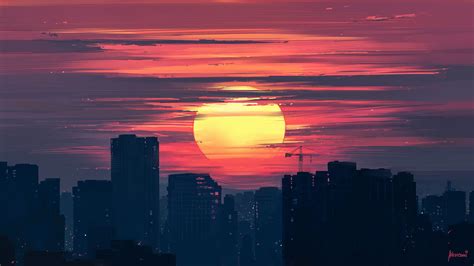City Buildings Lunar Sunset Wallpaperhd Artist Wallpapers4k