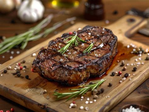 Grilled Steak With Rosemary And Peppercorns On A Wooden Cutting Board