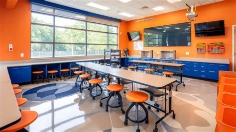 Orange And Blue Classroom With Tables And Chairs Stock Image Image Of