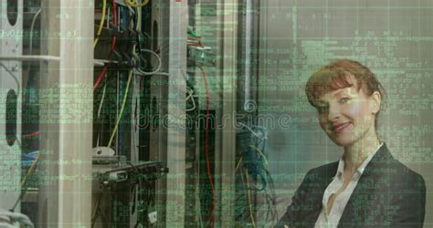 Image Of Data Processing Over Caucasian Female Worker In Server Room Stock Image Image Of