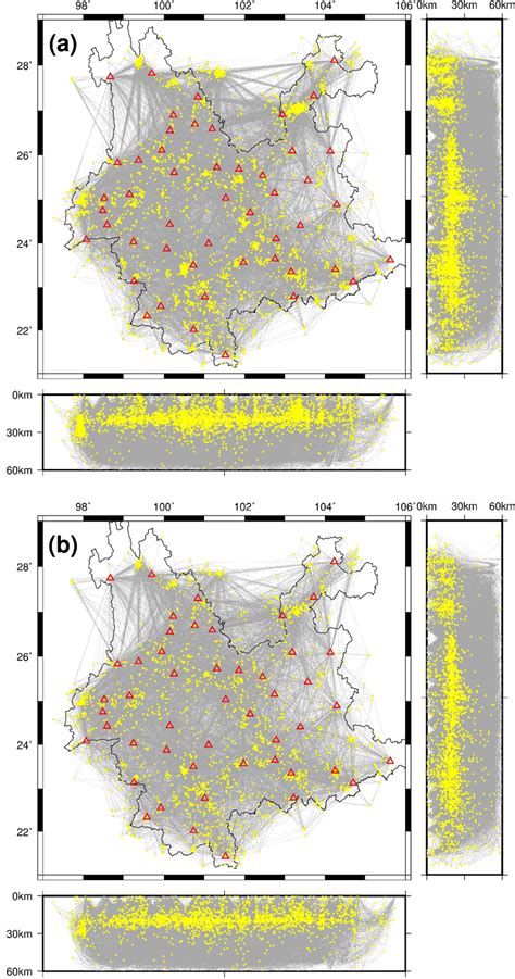 a maps of ray path coverage from the initial data set b maps of