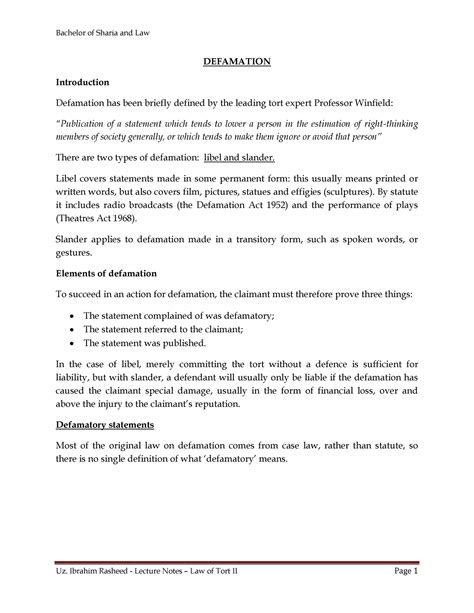13 Defamation Lecture Notes Of Tort Law Ii Defamation Introduction