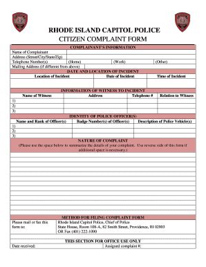 Fillable Online Capitolpolice Ri Capitol Police Citizen Complaints Form