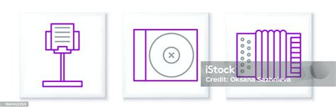 세트 라인 악기 아코디언 스탠드 및 Cd Dvd 디스크 아이콘입니다 벡터 고전 양식에 대한 스톡 벡터 아트 및 기타 이미지 고전 양식 금속 노트 Istock