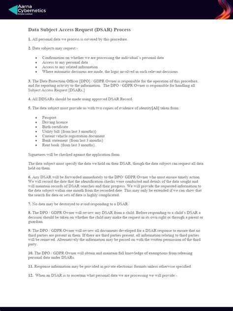 Aarna Cybernetics Data Subject Access Request Dsar Process Pdf