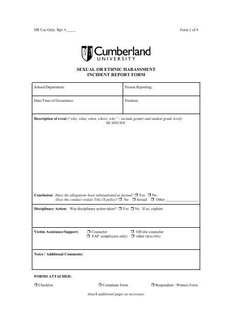Sexual Or Ethnic Harassment Incident Report Form