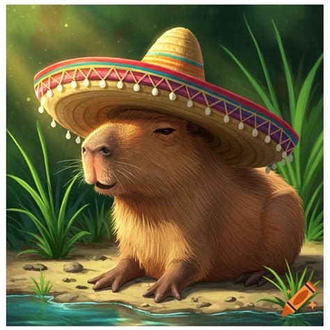 A Capybara Wearing A Straw Hat And Colorful Sunglasses Sits By A Calm