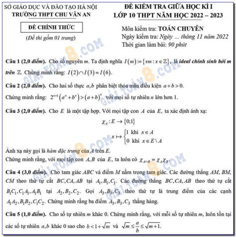 Đề Thi Giữa Kì 1 Toán 10 Chuyên Trường Thpt Chu Văn An Hà Nội Năm 2022