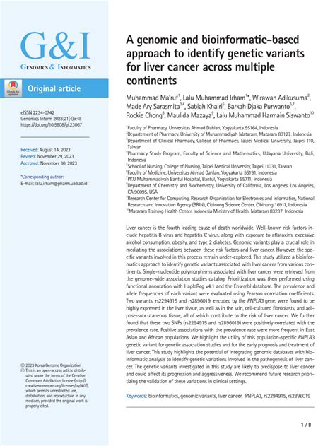 Pdf A Genomic And Bioinformatic Based Approach To Identify Genetic Variants For Liver Cancer