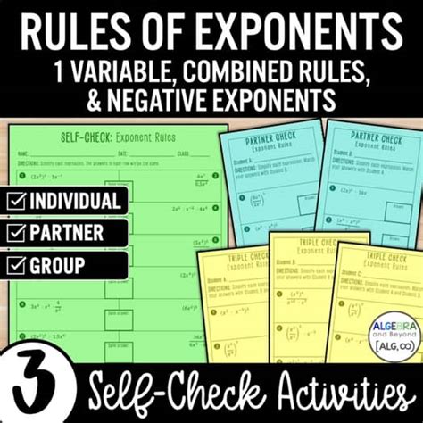 Exponent Rules 1 Variable Includes Negatives Activity Practice Worksheets