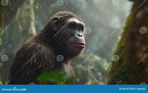 Recreation Of A Hominid Bipedal Under The Rain In The Jungle Stock
