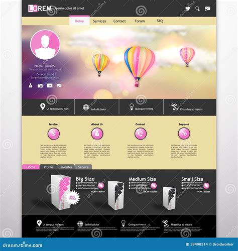 Website Template Vector With Hot Air Balloon In The Vintage Bokeh Sky Illustration Stock