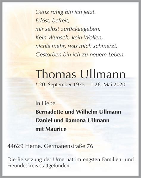 Traueranzeigen Von Thomas Ullmann Trauer In Nrw De