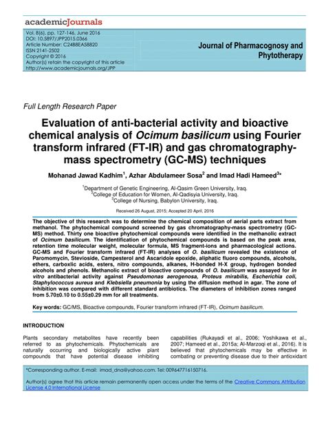 Pdf Evaluation Of Anti Bacterial Activity And Bioactive Chemical Analysis Of Ocimum Basilicum