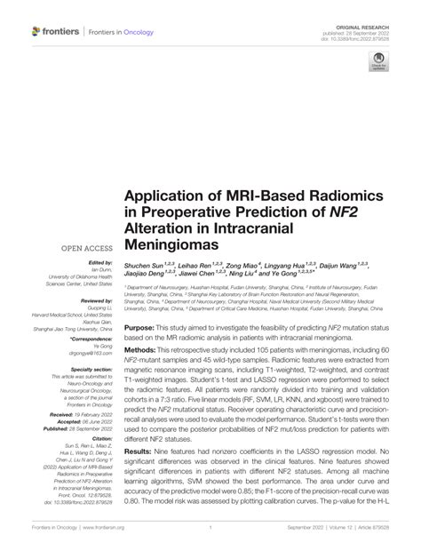 Pdf Application Of Mri Based Radiomics In Preoperative Prediction Of Nf2 Alteration In