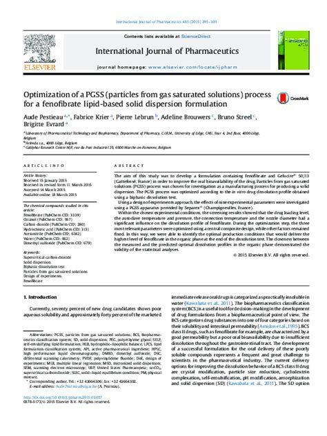Pdf Optimization Of A Pgss Particles From Gas Saturated Solutions Process For A Fenofibrate