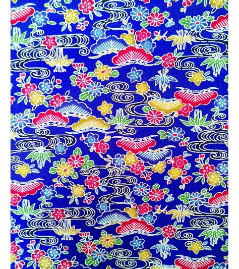 Japanese Fabric Bingata Floral Print Over Royal Blue