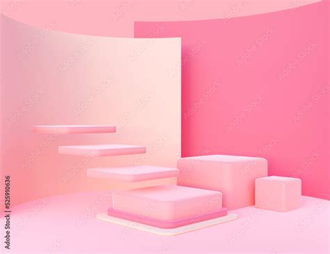 Pink Array Podiums With Abstract Wall Objects Stand To Show Products Stage Showcase With Empty