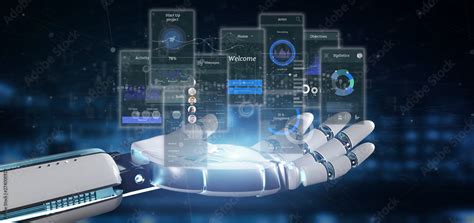 Cyborg Hand Holding User Interface Screens With Icon Stats And Data D