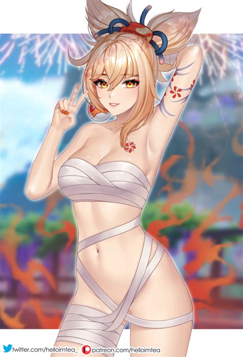 Rule 34 1girls Amber Eyes Bandages Blonde Hair Breasts Female Genshin Impact Helloimtea Medium