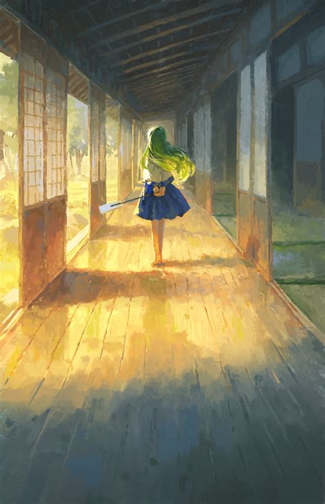 Safebooru 1girl Bare Legs Barefoot Blue Skirt Fjsmu Floating Hair