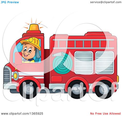 Clipart Of A Cartoon White Male Fireman Driving A Fire Truck Royalty